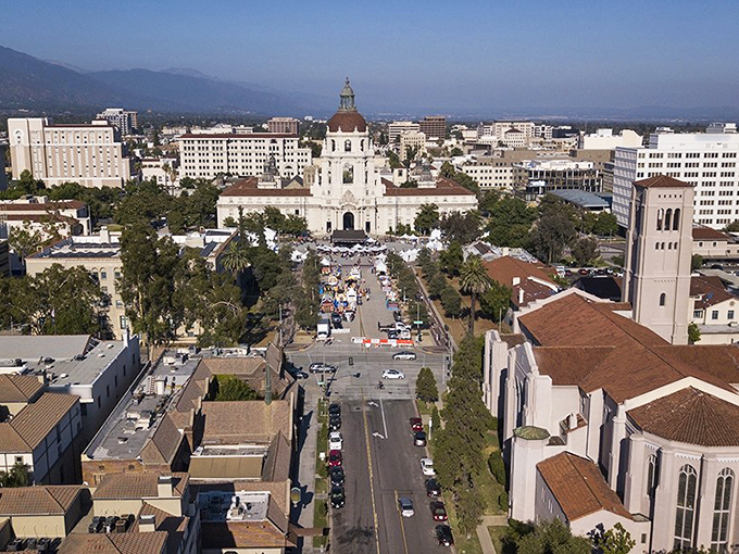 The city's historic center with its iconic dome gleams like a golden beacon of California's Spanish colonial past.