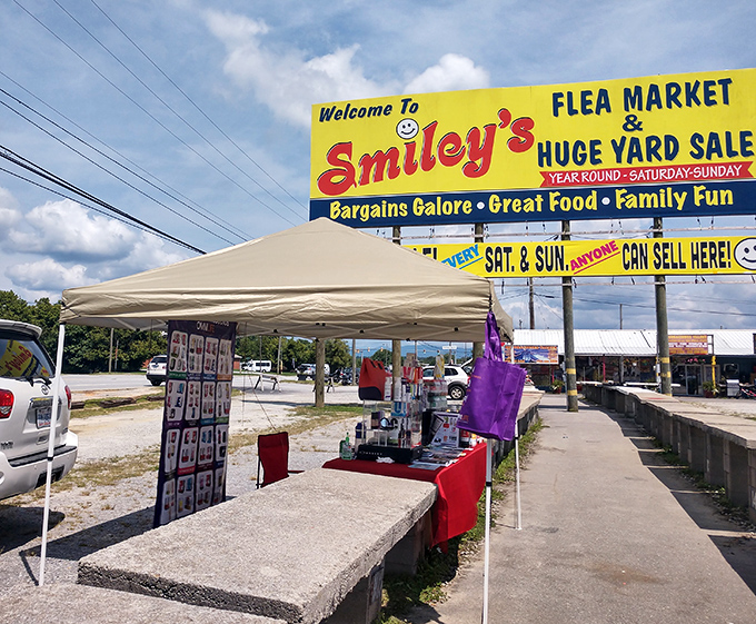Open-air bargain hunting thrives at Smiley's, where canopies create a colorful patchwork of shopping possibilities.