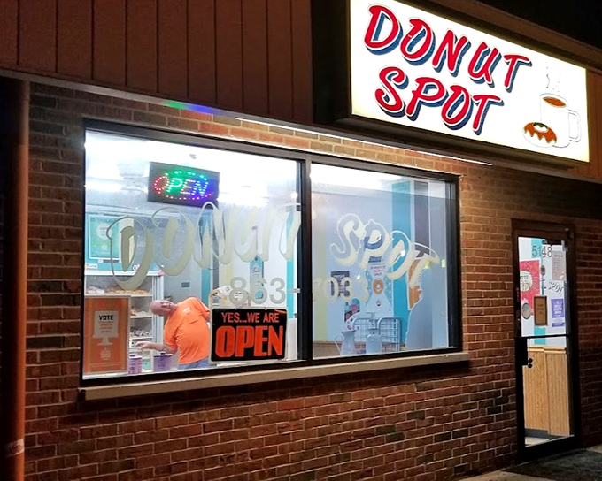 Night or day, The Donut Spot's welcoming windows promise sweet relief from ordinary breakfast options.