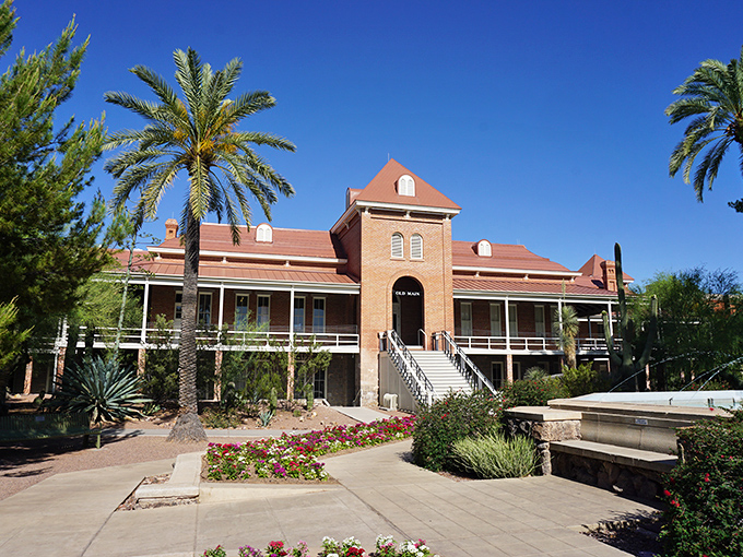 Old-world charm meets desert sunshine at this historic Tucson building - where palm trees stand guard like botanical sentinels.