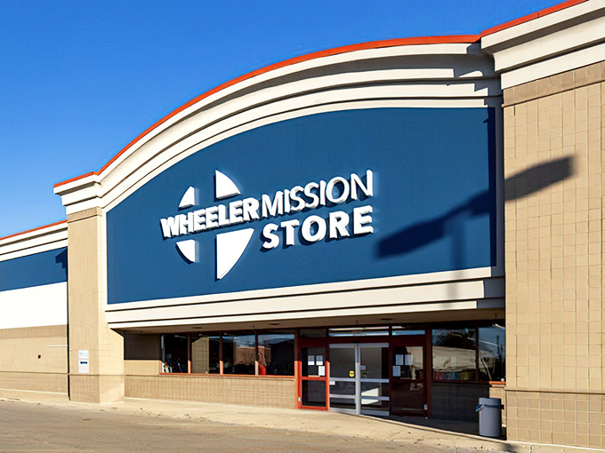 The architectural details of Wheeler Mission Store make it instantly recognizable. That curved blue sign has become a Fishers landmark for thrifters.