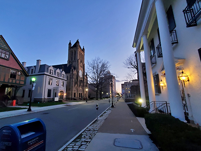 Twilight transforms Wilkes-Barre's historic downtown into a movie set. That church tower stands like a sentinel over sleepy streets.