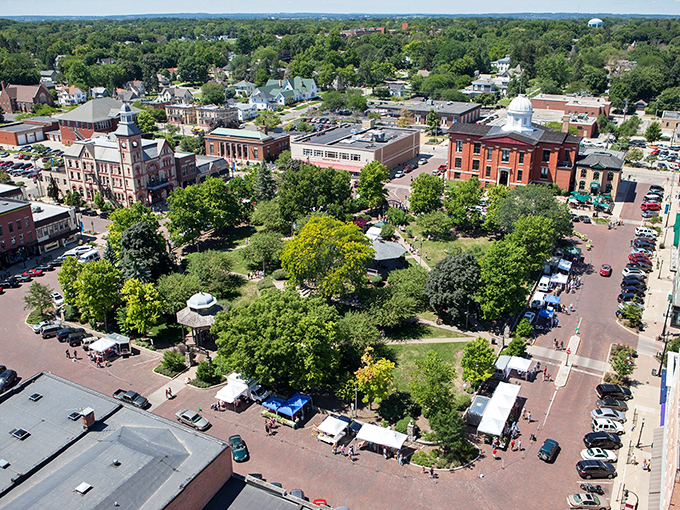 This aerial view of Woodstock reveals the perfect town square &ndash; like someone dropped a New England village into Illinois farmland.