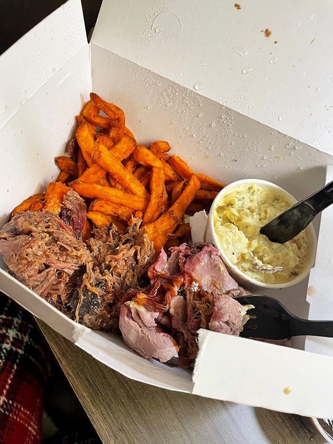 The barbecue trifecta: pulled meat, sweet corn, and those addictive fries. A plate that makes you wonder why you ever eat anything else.