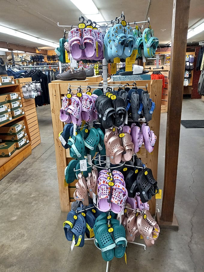 A rainbow of practical footwear that says, "Yes, we're serious about comfort." Fashion that prioritizes function over runway approval.