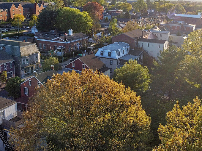 Golden hour reveals Lititz's tree-lined neighborhoods spreading out like a living postcard from a gentler time in American history.