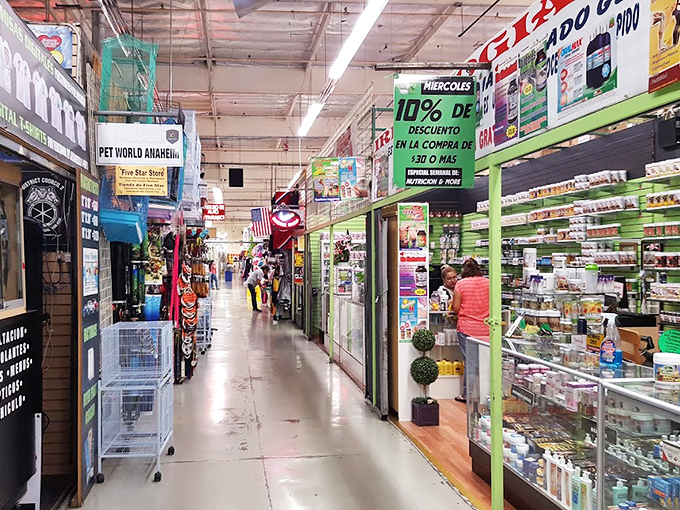 Narrow pathways lead to unexpected discoveries between stalls offering everything from pet supplies to beauty products. The thrill is in not knowing what's next.