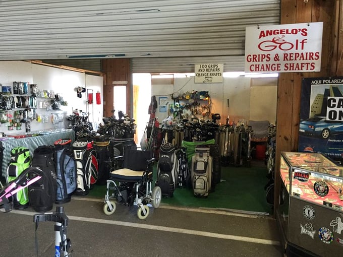 Angelo's Golf Shop – where clubs get second chances and duffers find hope. That wheelchair suggests even mobility challenges won't stop the game.