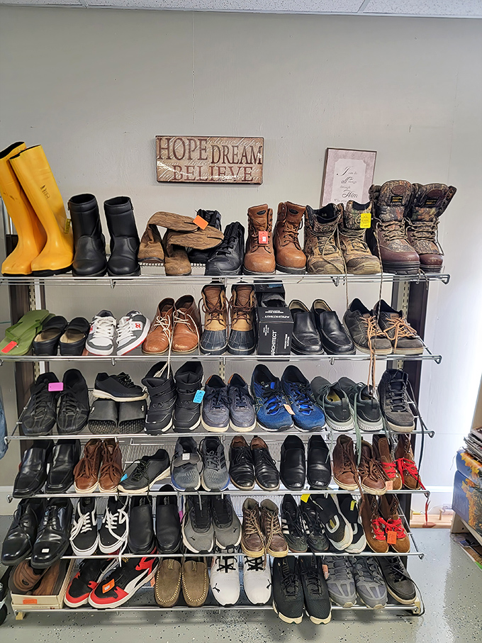 "Hope, Dream, Believe" the sign says, and you'll do all three when you see these barely-worn boots and sneakers at prices that seem like typographical errors.