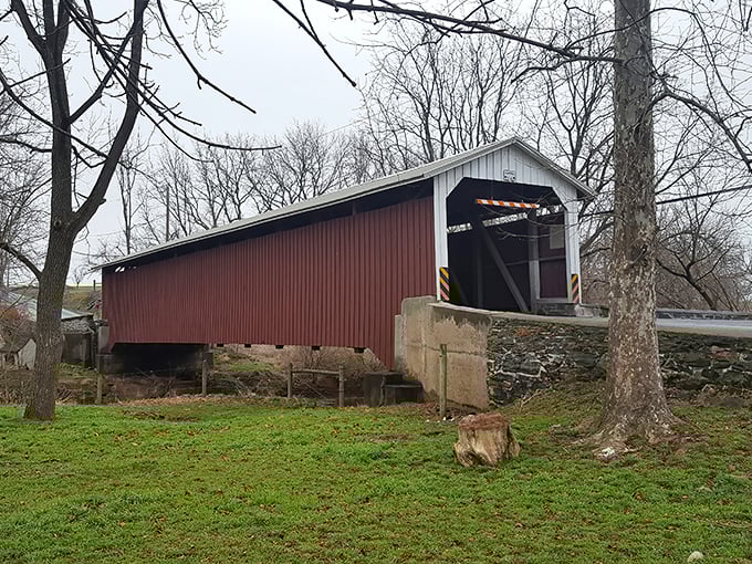 From this angle, you can appreciate the bridge's perfect proportions. The weathered red siding tells stories of countless storms weathered and seasons passed.