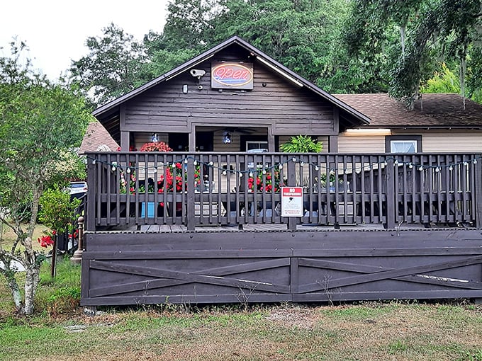A rustic porch welcomes hungry visitors to this local eatery. The wooden deck practically begs you to sit a spell with sweet tea.