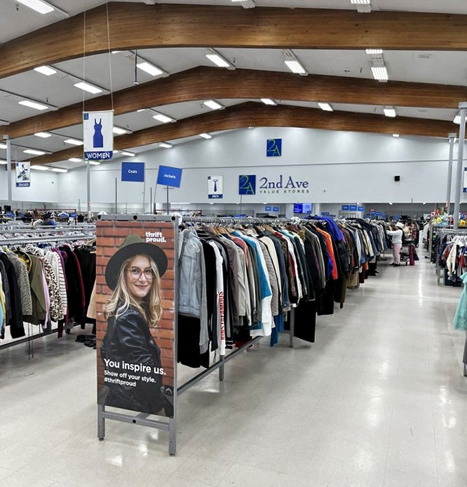 Under exposed wooden beams, the apparel section stretches toward the horizon. "You inspire us," says the sign. No, 2nd Ave, you inspire our wallets.