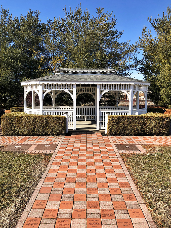 This pristine white gazebo in Arcola Rotary Park offers a picture-perfect spot for contemplation, surrounded by commemorative bricks that tell the town's story one name at a time.