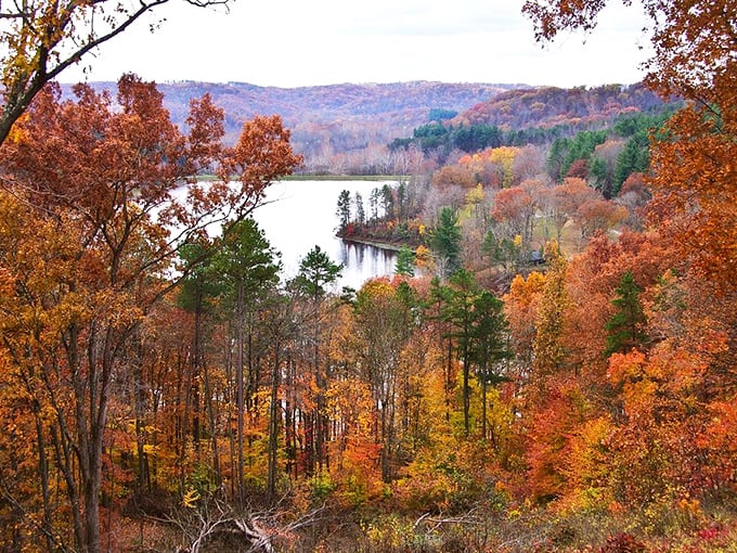 Nature's fireworks display: Lake Hope's autumn panorama puts on a show that makes even the most dedicated city-dweller consider a cabin purchase.