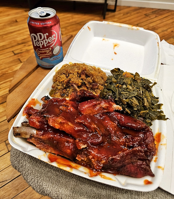 A barbecue trifecta: ribs, collard greens, and mac and cheese. This is the kind of plate that makes you want to cancel your afternoon plans.