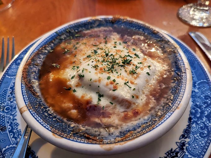 This onion soup isn't playing games &ndash; it's a serious commitment to cheese, broth, and happiness that would make a French chef nod respectfully. 