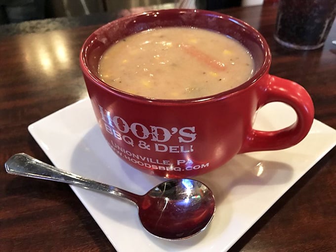A hearty stew served in Hood's signature mug—the kind of soul-warming comfort that makes Pennsylvania winters bearable. Spoon not included, but definitely necessary.