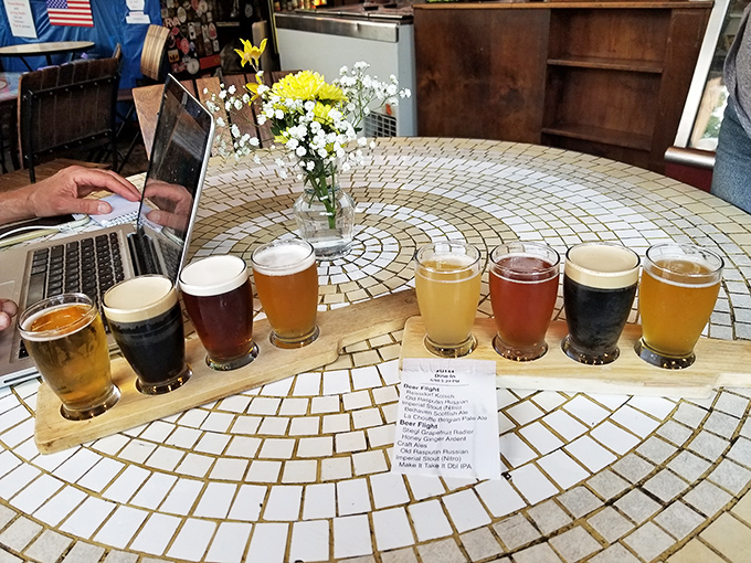 Beer flight that takes your taste buds on a journey without the TSA pat-down. Eight little glasses of possibility.