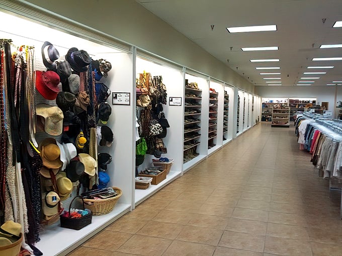 The accessories wall&mdash;where vintage hats, belts, and bags wait to transform ordinary outfits into conversation starters.