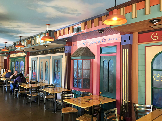 Colorful whimsy inside this local eatery reflects the town's eclectic spirit. Like dining inside a children's book illustrated by someone who really loves geometry.