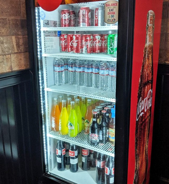 The beverage cooler - a colorful oasis of liquid refreshment standing ready to quench the thirst that inevitably follows serious burger business.