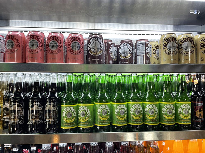 The beverage selection includes nostalgic sodas that transport you back in time. Dr. Brown's Cel-Ray, anyone? It's like liquid time travel.