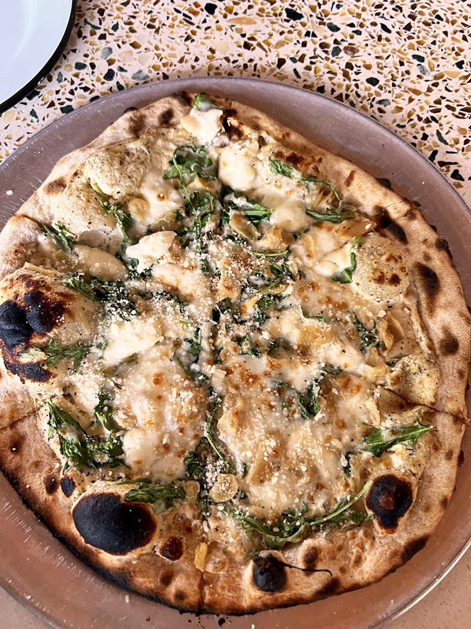 The Bianca pizza showcases how white sauce, fresh herbs, and perfect char create pure Italian-inspired magic.