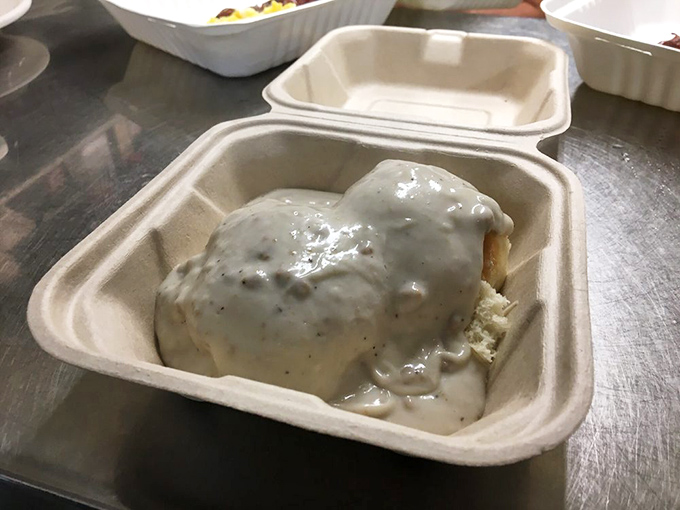 Biscuits and gravy: the Southern comfort dish that's traveled west and found a worthy home in this little styrofoam container of joy.