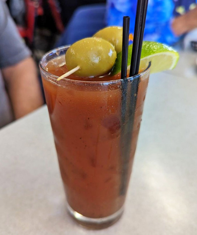 A Bloody Mary that means business, garnished with olives and lime&mdash;like a liquid salad that happens to contain vodka. Brunch in a glass.