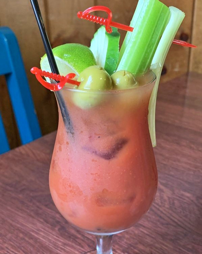 This Bloody Mary isn't just a drink; it's practically a salad in a glass with enough garnish to count as an appetizer.
