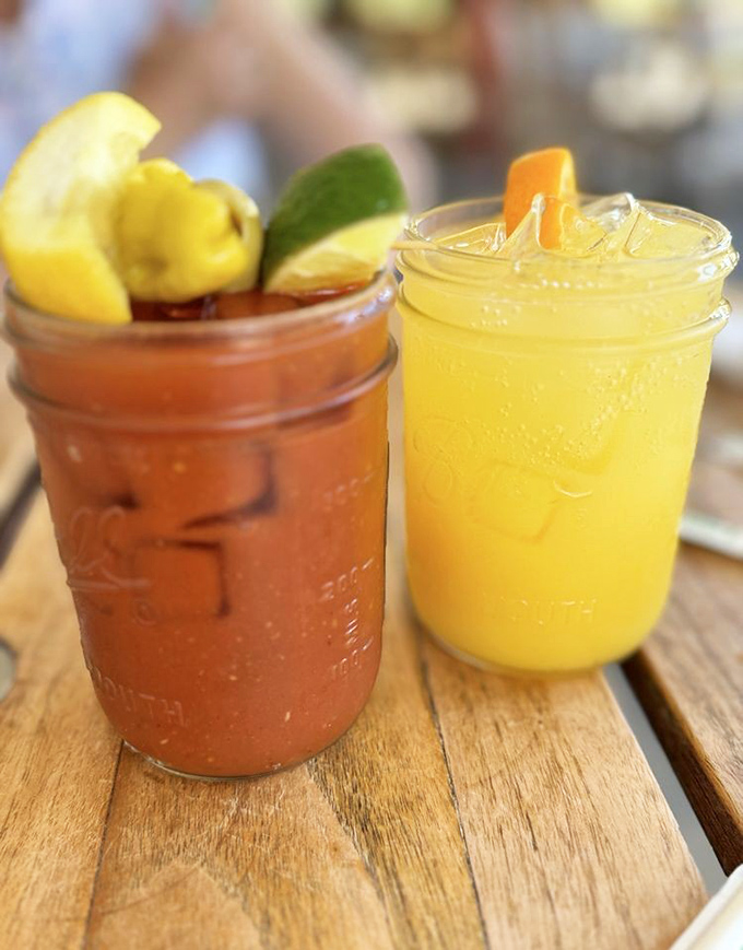 Morning cocktails that make vacation official. That Bloody Mary looks like it contains an entire salad bar of goodness.