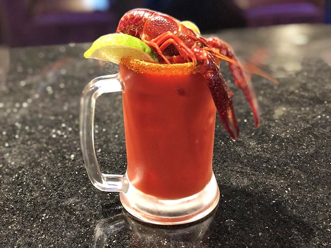 A Bloody Mary garnished with crawfish &ndash; because sometimes regular celery just isn't bold enough for the occasion.