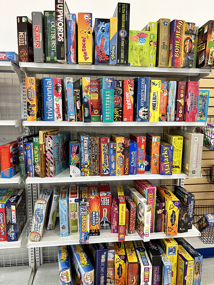Board game heaven for family game nights! Monopoly, Trivial Pursuit, and forgotten favorites stack neatly, promising hours of screen-free entertainment.