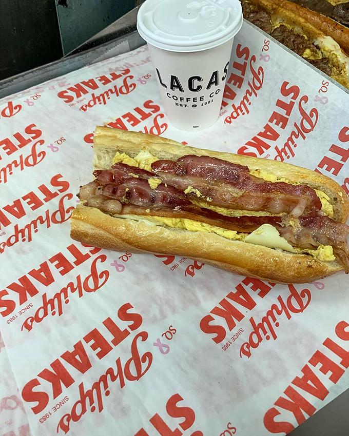 Breakfast becomes art when bacon, egg and cheese unite on a fresh roll. Morning fuel that makes alarm clocks worth tolerating.