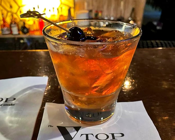 An Old Fashioned that Don Draper would approve of&mdash;amber liquid, proper garnish, and just enough ice to keep it civilized.