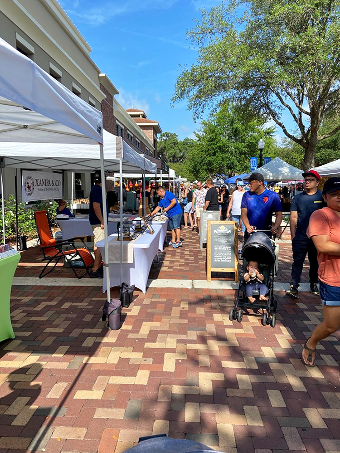 Weekend warriors of all ages navigate the brick-lined marketplace, proving farmers markets are Florida's true multigenerational playground.