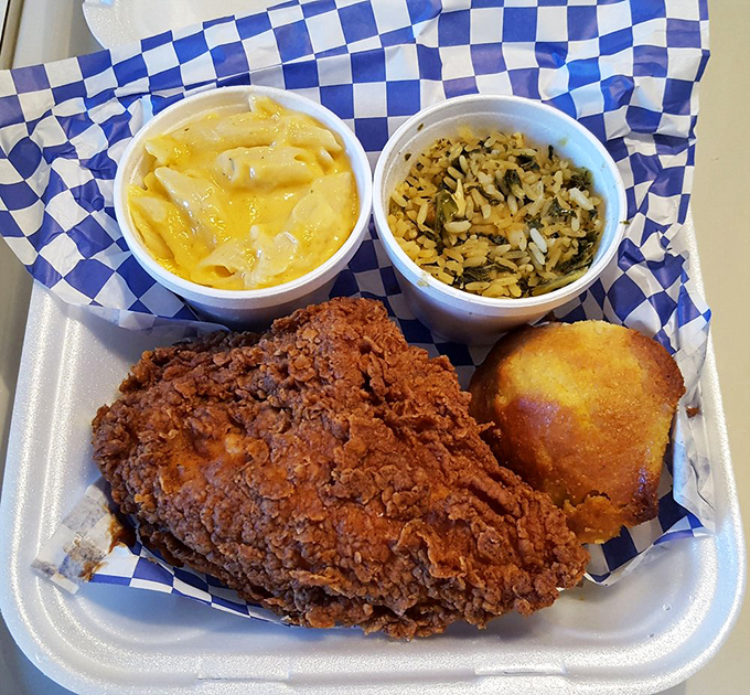 A plate that answers the eternal question: "What if comfort food gave you a warm hug?" Chicken, mac and cheese, and rice&mdash;the holy trinity of satisfaction.