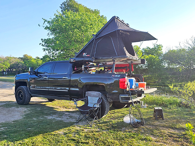 Hill Country camping at its finest &ndash; a rooftop tent, the essentials packed, and that unmistakable Texas landscape waiting to be explored.