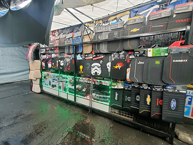 Car accessories hang like automotive jewelry, ready to pimp your ride with serious flea market flair. 