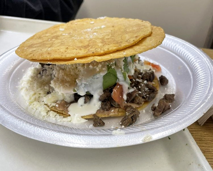 This tostada isn't just a meal&mdash;it's an architectural marvel balancing crisp tortilla, savory meat, and fresh toppings in perfect harmony.