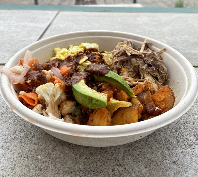 Morning glory in a bowl: Carnitas, potatoes, and avocado creating the breakfast of champions who plan to surf&mdash;or just watch surfers.