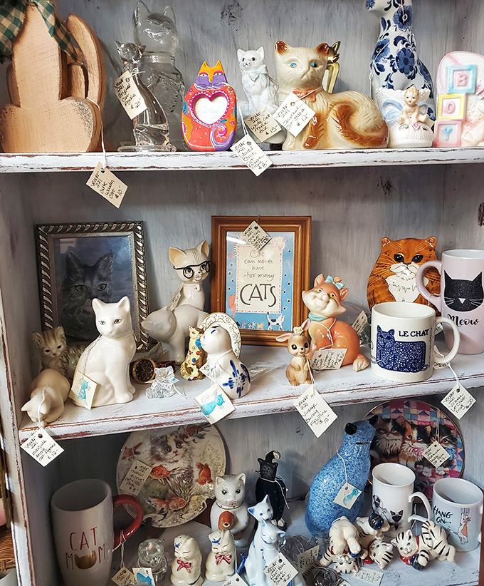 The feline figurine section: where cat ladies of yesteryear left their legacies. That blue porcelain kitty has seen things your modern-day tabby wouldn't believe.