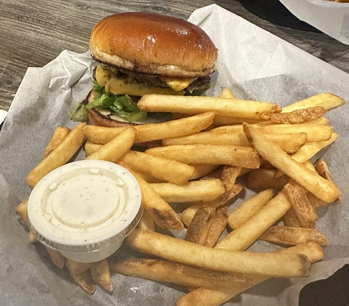 The burger that proves Shrimp Basket isn't just a one-trick pony. Sometimes even seafood lovers need a break&mdash;especially when it looks this good.