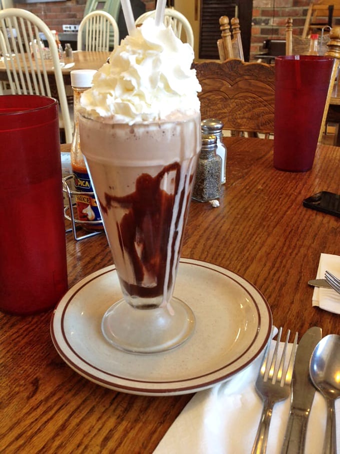 This chocolate shake towers like a delicious monument to everything wonderful about American diners.