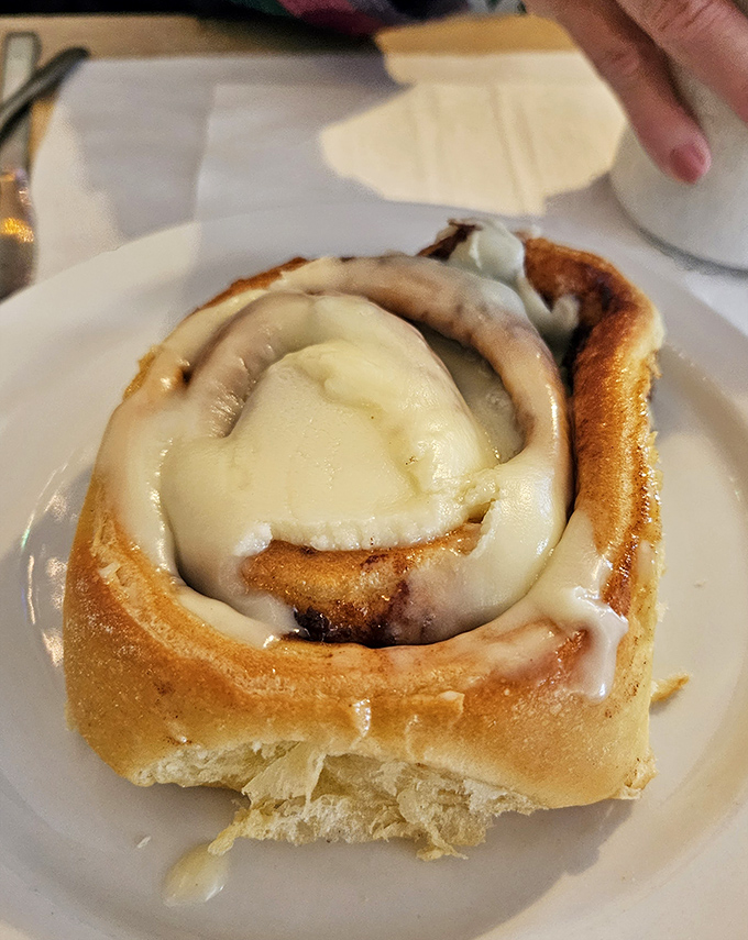 This cinnamon roll isn't just dessert; it's a spiritual experience. The icing slowly melting into warm, spiraled dough is nature's most perfect lava flow.
