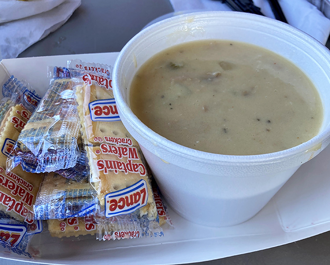 Clam chowder that doesn't hide behind fancy garnishes – just honest, creamy comfort that tastes like the Atlantic's warm embrace.