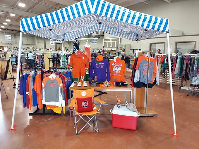 Clemson and Carolina fans can temporarily set aside their rivalries under this blue-and-white tent of collegiate gear &ndash; though the orange does seem to dominate.