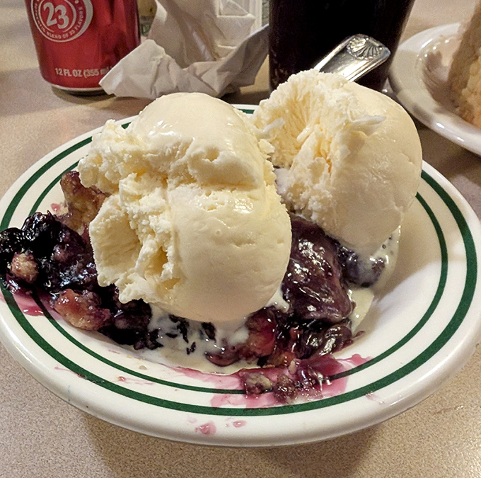 Dessert that would make your grandmother both proud and jealous. That ice cream melting into warm berry cobbler is what comfort food dreams are made of.