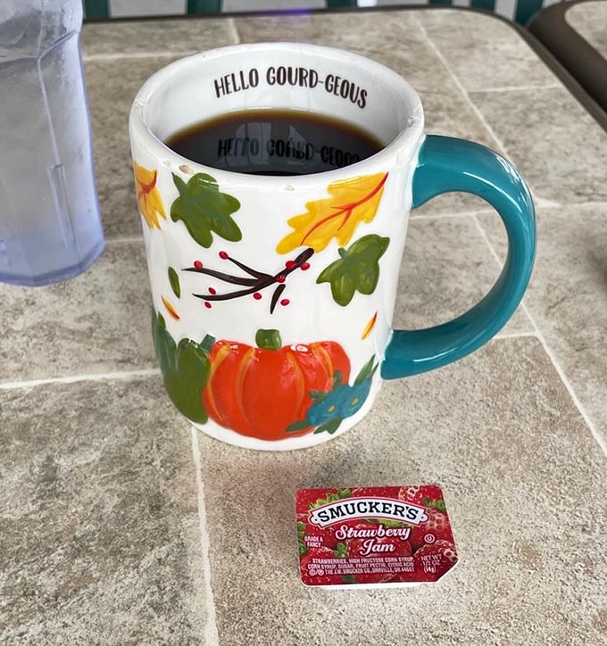 Even the coffee mugs have personality at Westside. This seasonal "Hello Gourd-geous" cup promises refills until you've solved all of life's problems&mdash;or at least today's.