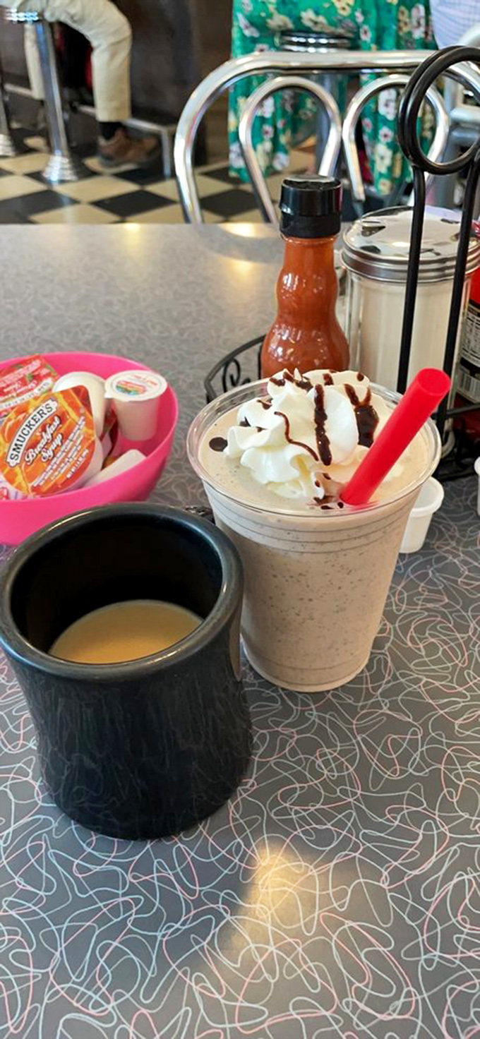 Coffee for sustenance, Oreo milkshake for the soul. Sometimes adulthood means having dessert with breakfast because you can.